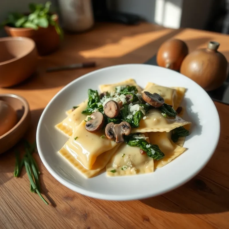 Равиоли с гъби и спанак със сос от лук - Рецепта